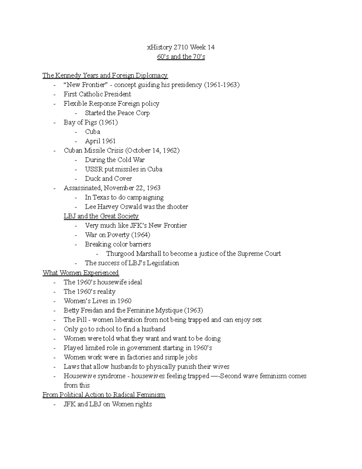History 2710 Week 14 Notes - xHistory 2710 Week 14 60’s and the 70’s ...