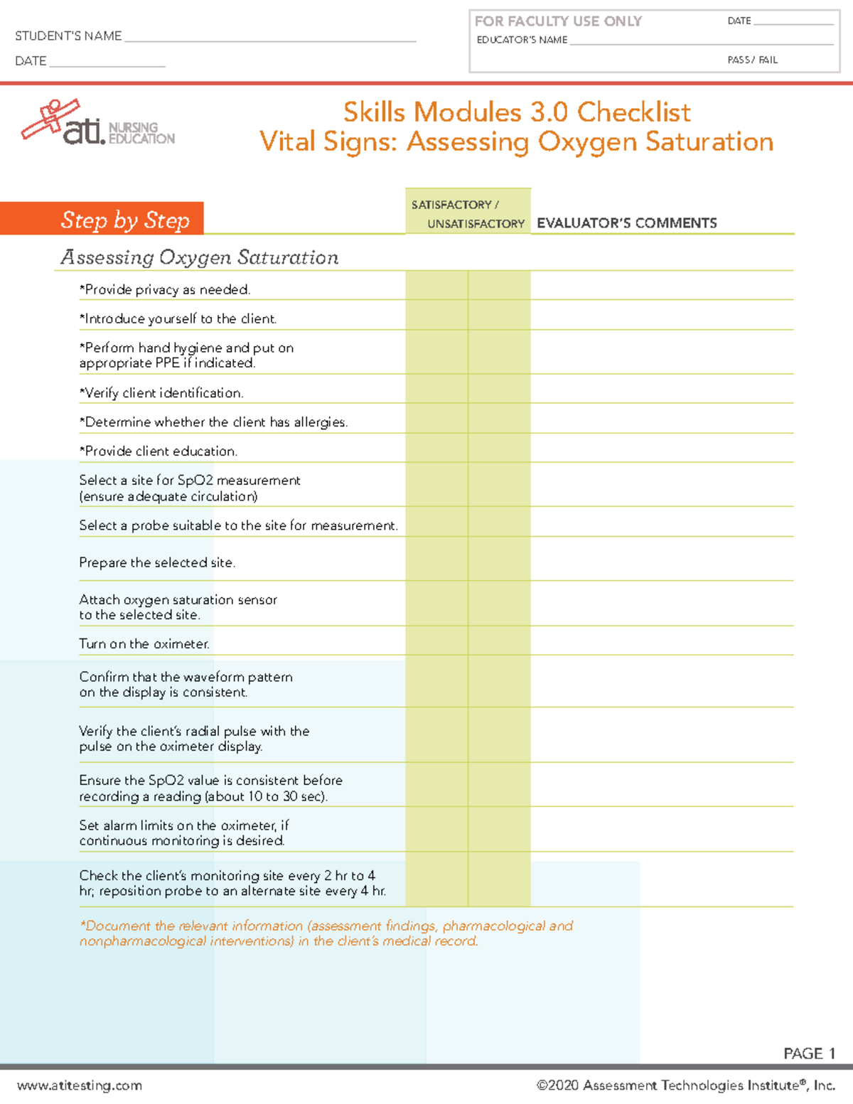 Ati Vital Signs Assessing Oxygen Saturation checklist - EDUCATOR ...
