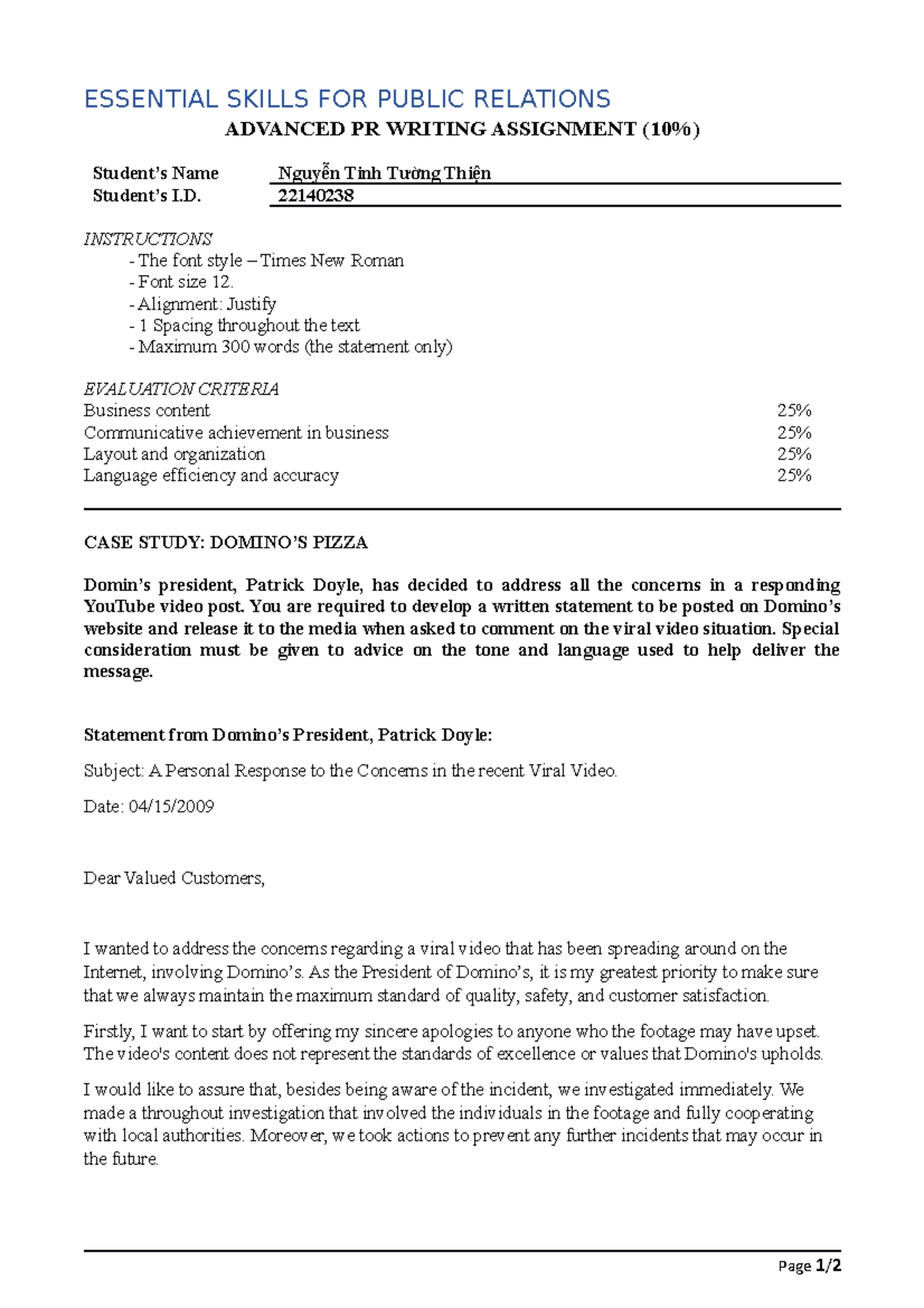 Advanced PR Writing assignment - ESSENTIAL SKILLS FOR PUBLIC RELATIONS ...