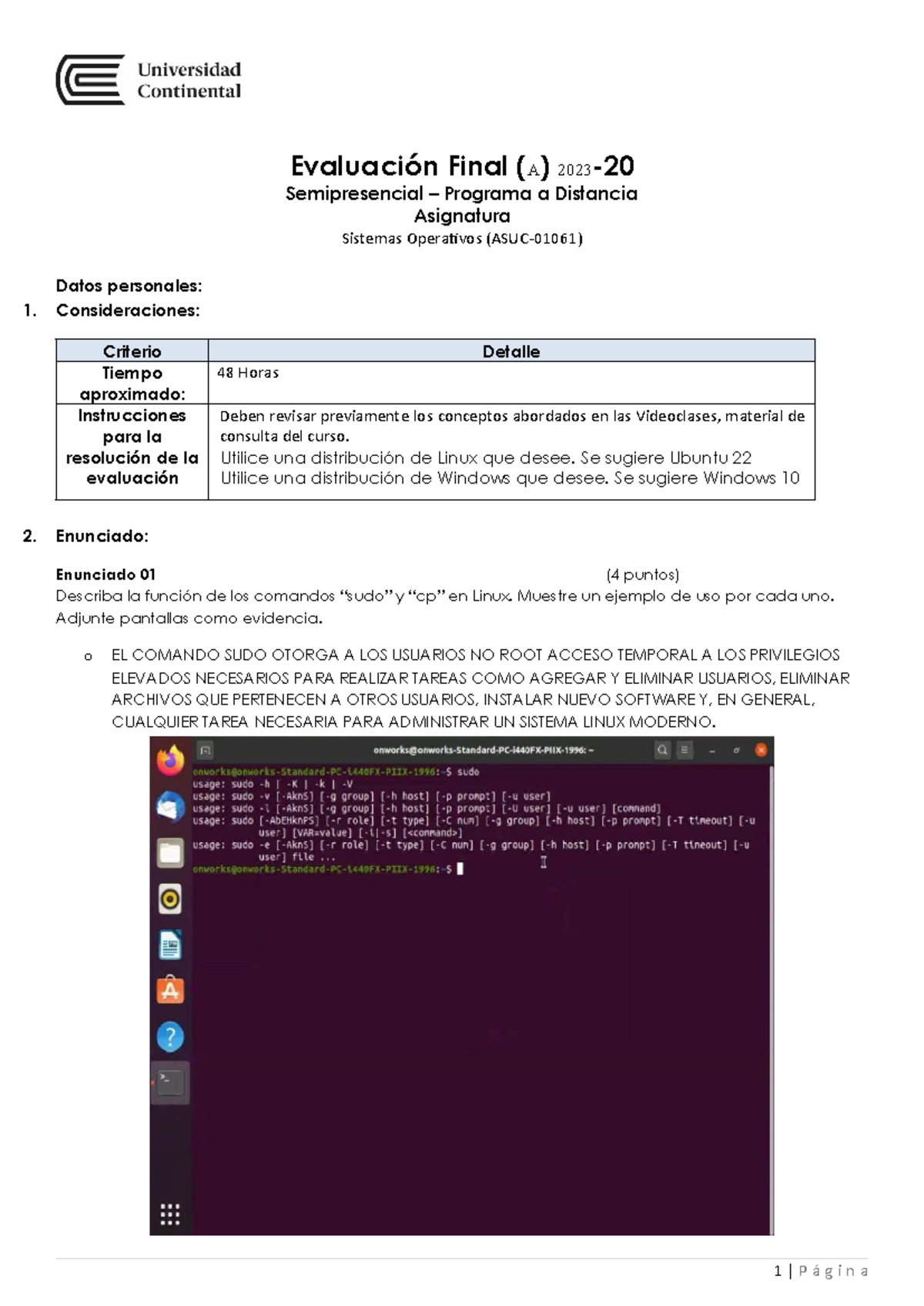 Evaluación Final Sistemas Operativos 2023-20B - Evaluación Final (A) 2023 - 20 Semipresencial ...