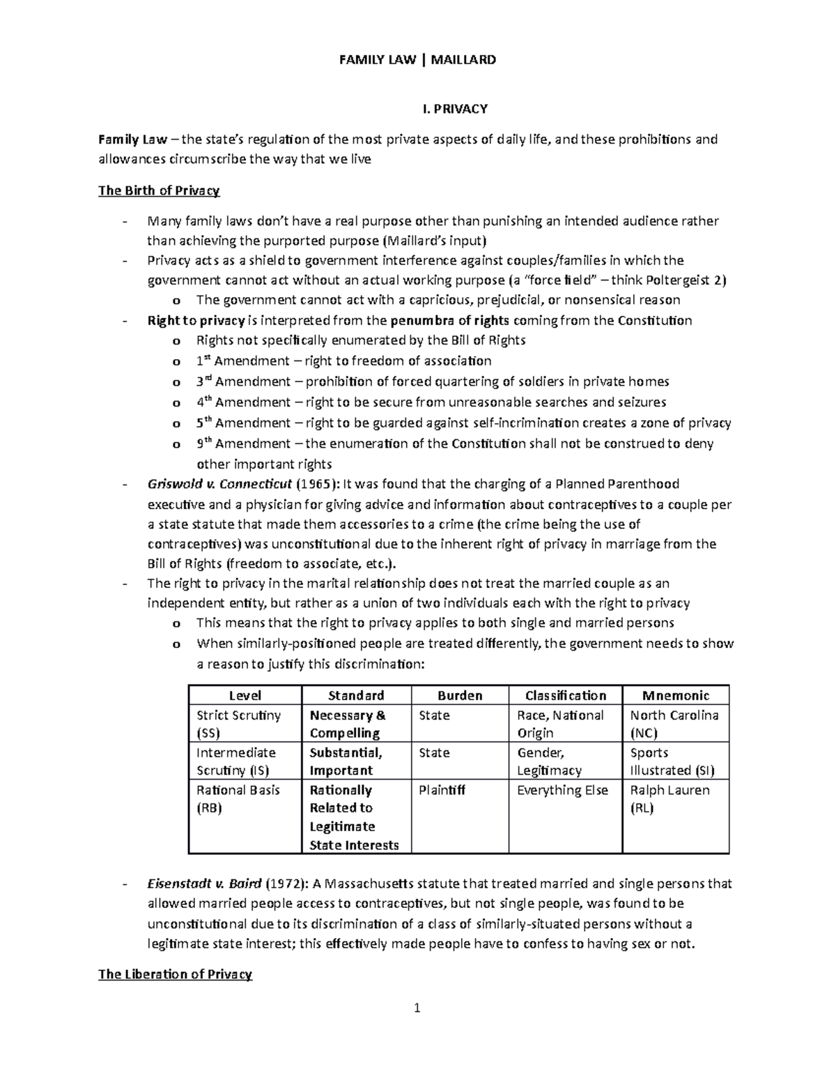 Family Law Outline - I. PRIVACY Family Law – the state’s regulation of ...
