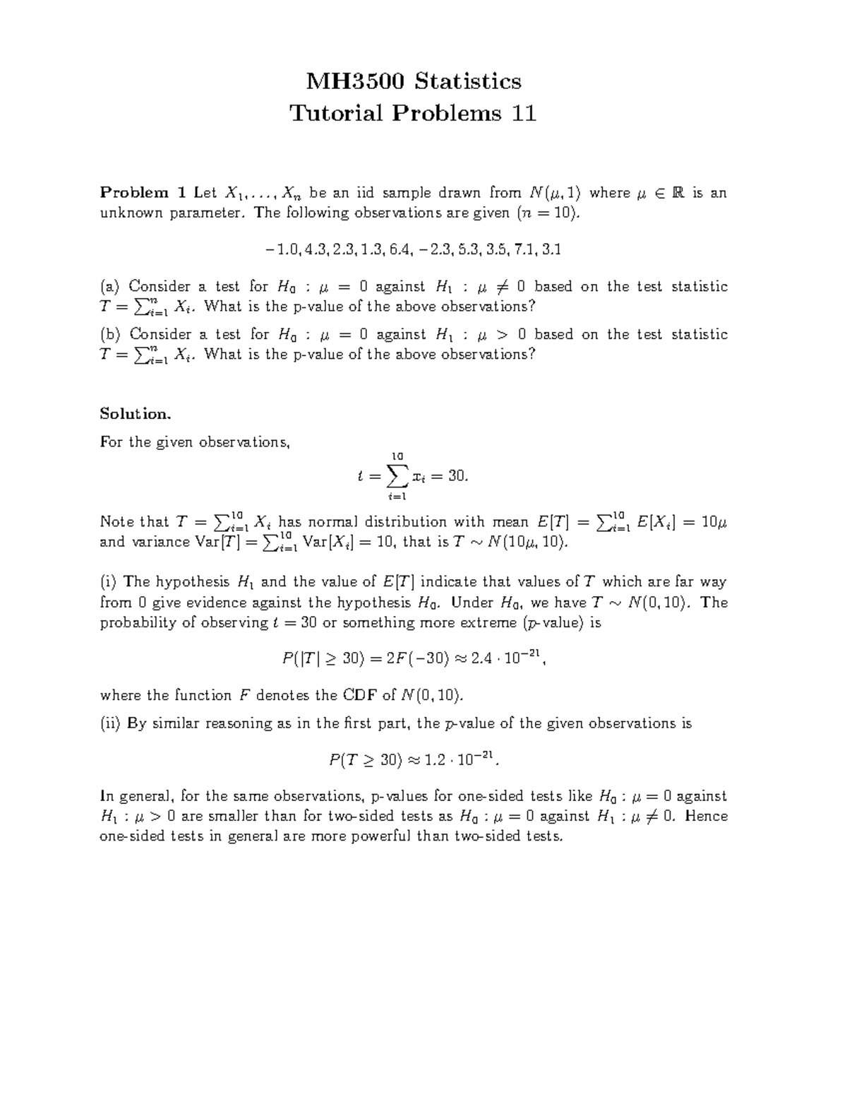 Tutorial 11 Solutions MH3500 Notes - MH3500 Statistics Tutorial ...