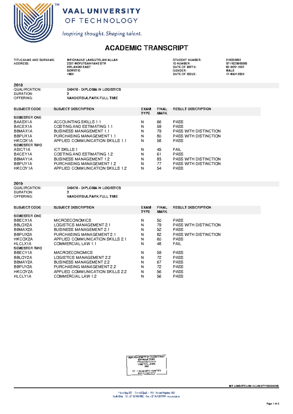 Academic transcript - EXAM - ACADEMIC TRANSCRIPT TITLE,NAME AND SURNAME ...