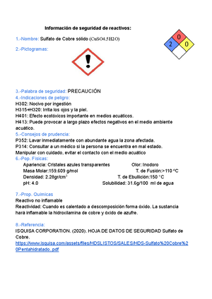 Hoja de seguridad del Sulfato de Cobre (ll) (Cu SO4) - 1. Nombre ...