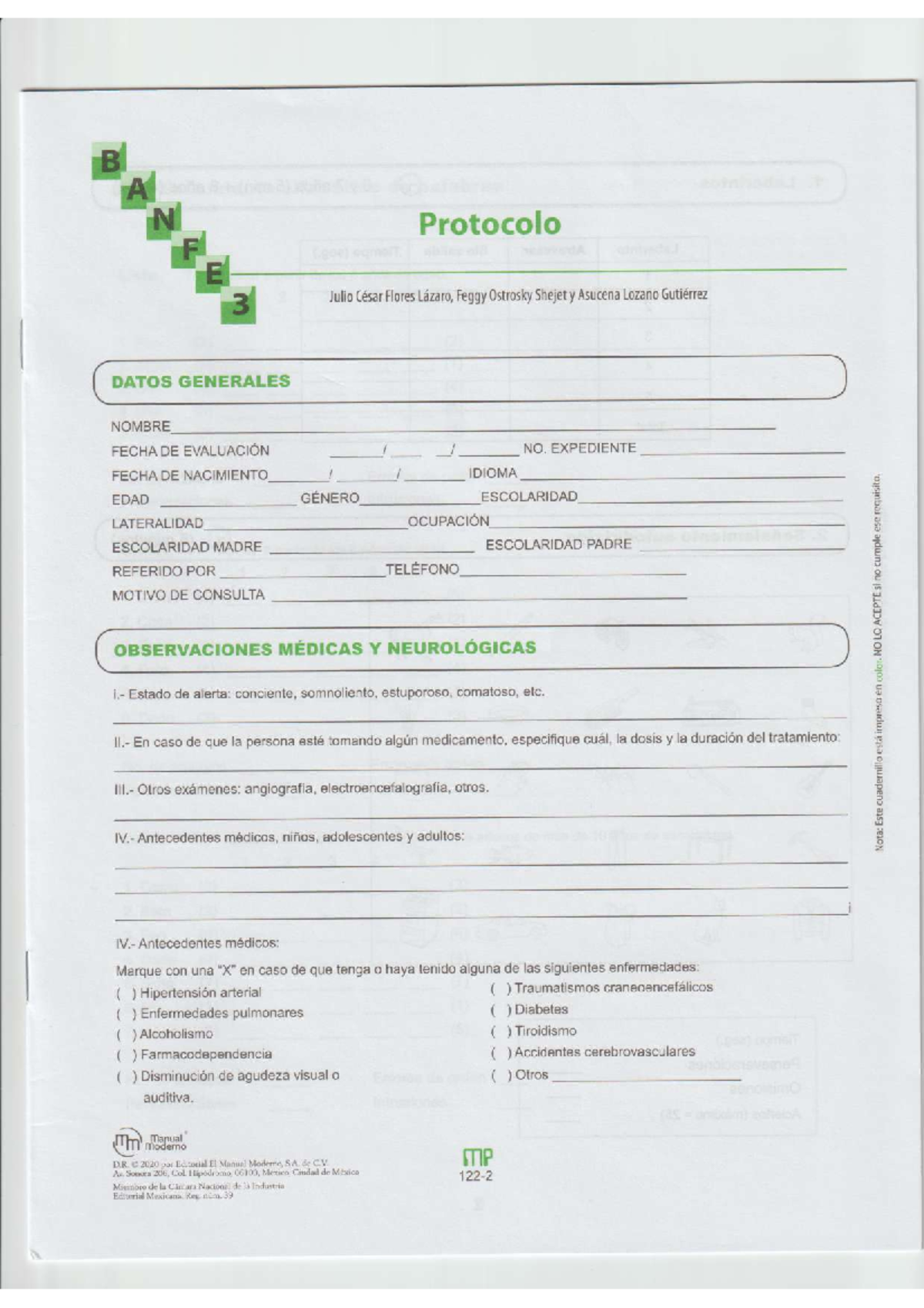 Protocolo Banfe-3 - Prueba de FUNCIONES EJECUTIVAS - Pruebas De Evaluación Psicológicas I - Studocu