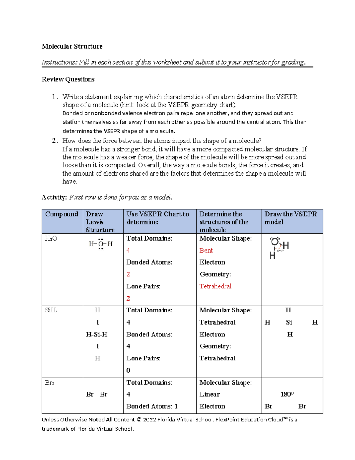 Molecular structure worksheet - Molecular Structure Instructions: Fill ...