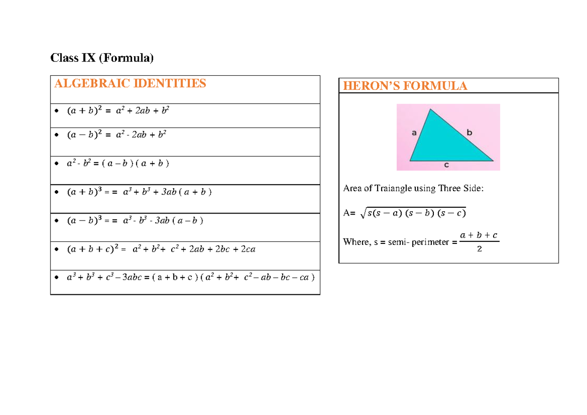 Class IX - adafaFDfd - Class IX (Formula) ALGEBRAIC IDENTITIES (𝑎 + 𝑏 ...