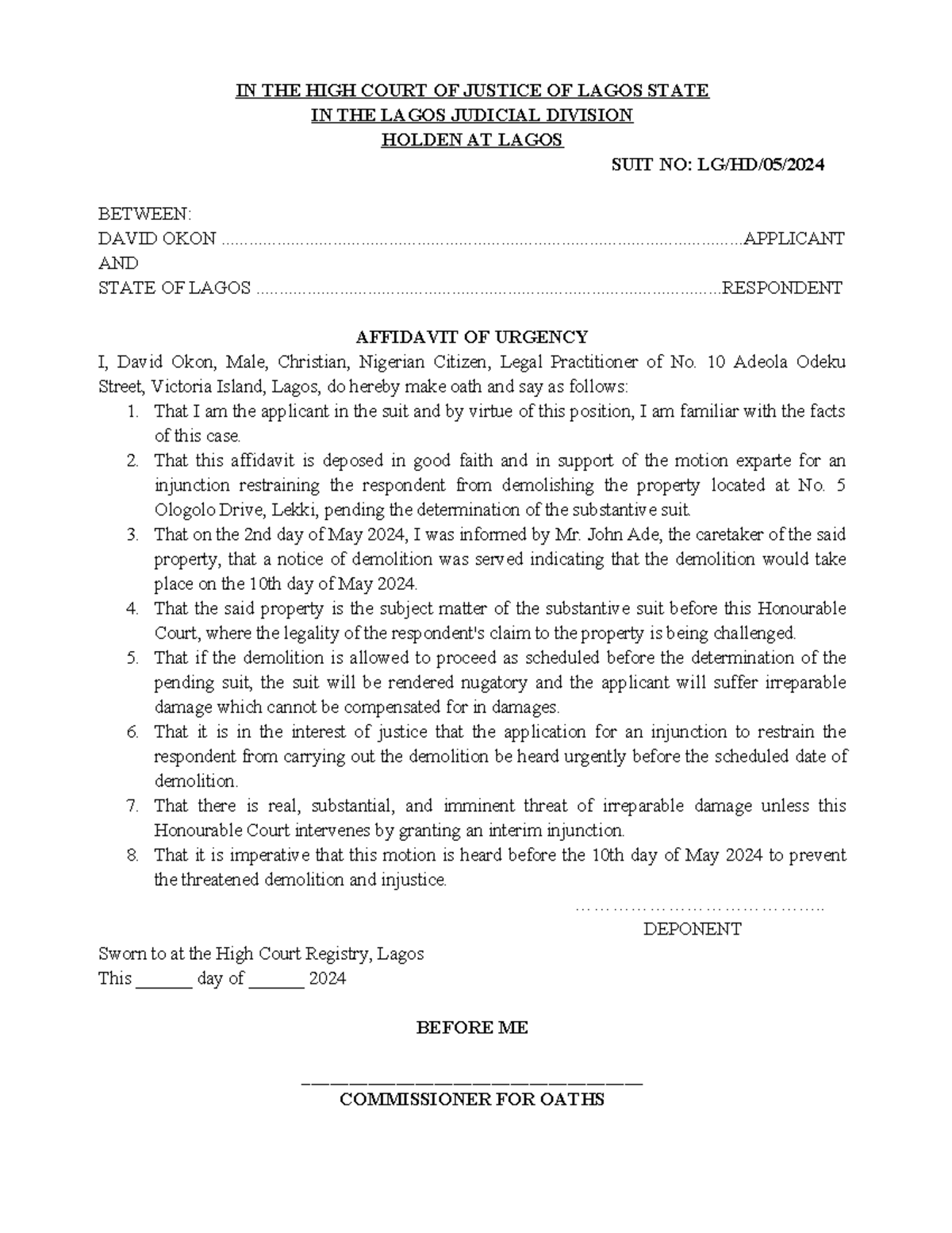 Affidavit of urgency - IN THE HIGH COURT OF JUSTICE OF LAGOS STATE IN ...