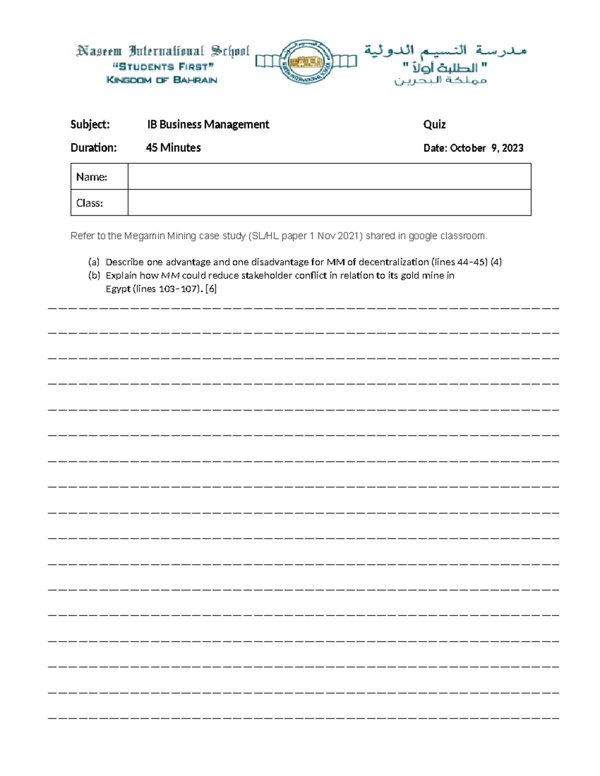 Quiz - Unit 1 - quiz - Subject: IB Business Management Quiz Duration ...