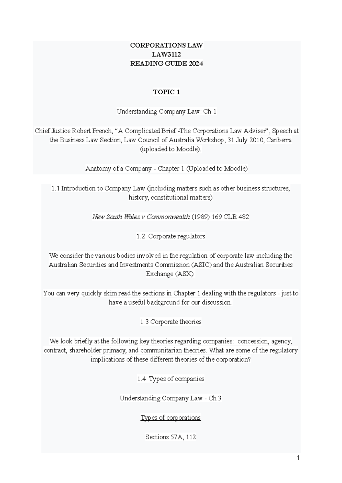 Reading Guide Corps - CORPORATIONS LAW LAW READING GUIDE 2024 TOPIC 1 ...
