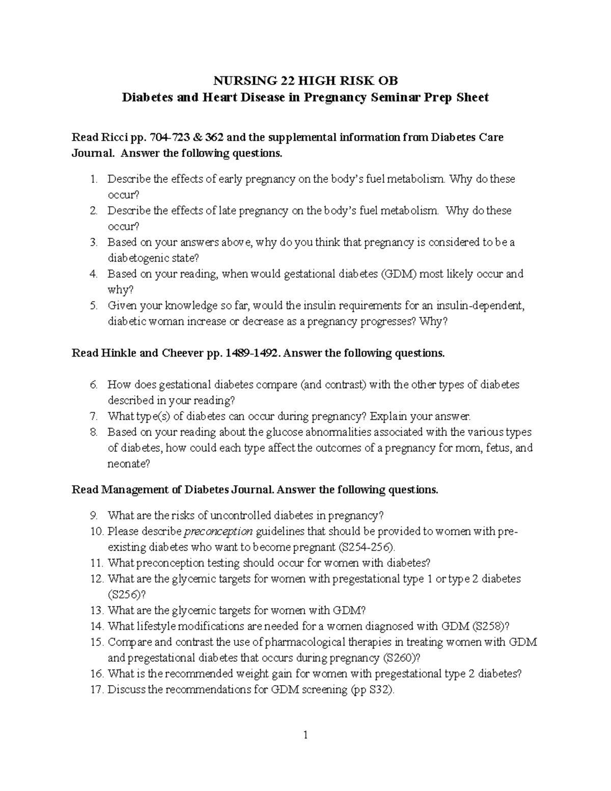 High Risk OB Passport - n/a - NURSING 22 HIGH RISK OB Diabetes and ...