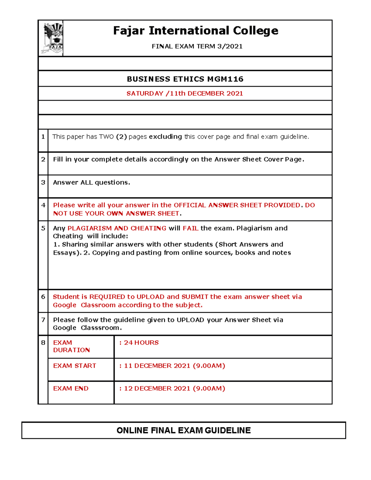 1. Question Paper - MGM116 - Fajar International College FINAL EXAM ...
