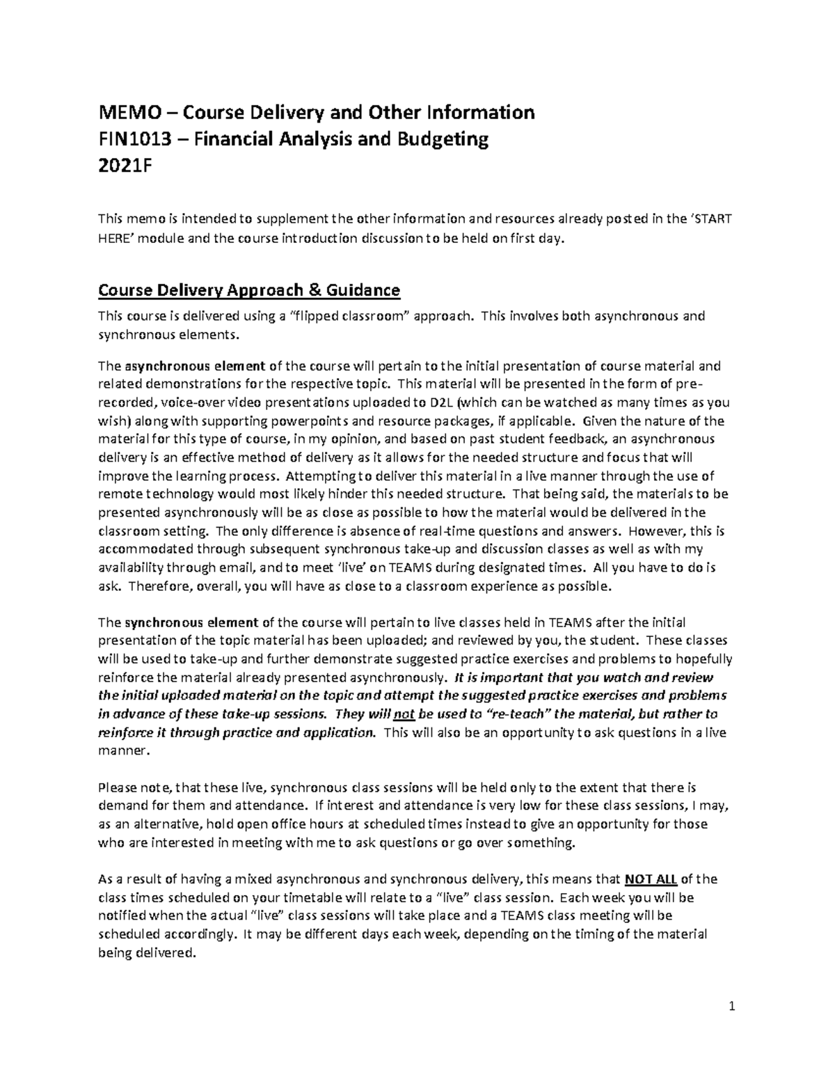 Course Memo - FIN1013 -2021F - 1 MEMO – Course Delivery and Other ...