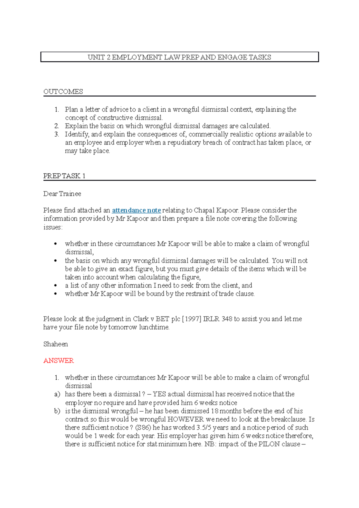 UNIT 2 Employment LAW PREP AND Engage Tasks - UNIT 2 EMPLOYMENT LAW ...