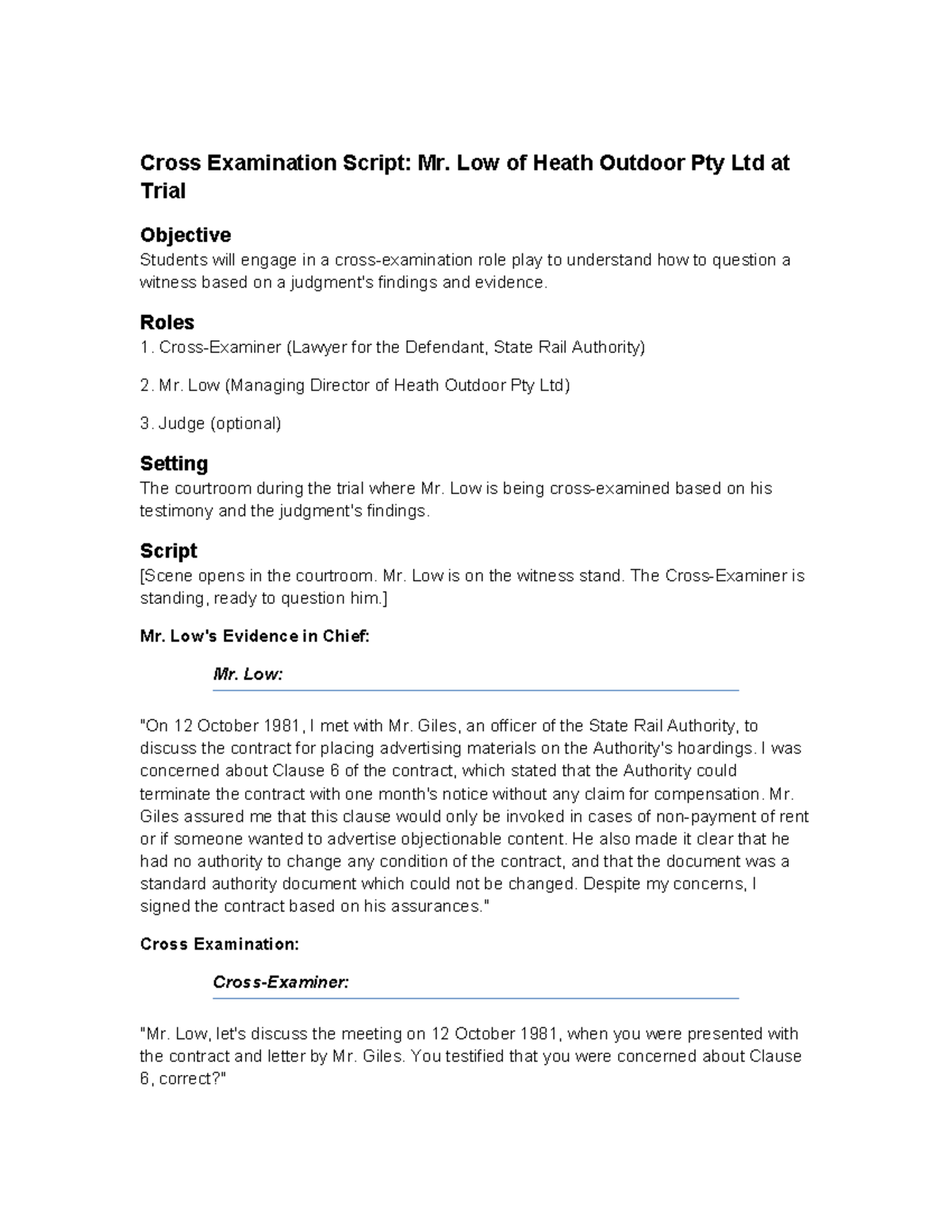 Heath - Cross Examination Script Mr Low Complete copy - Cross ...
