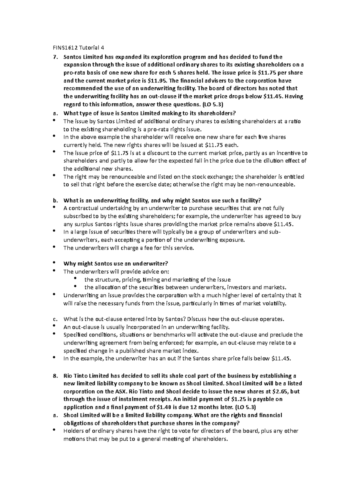 Tutorial 4 Week 4 Questions and Answers - FINC6014 - USyd - StuDocu