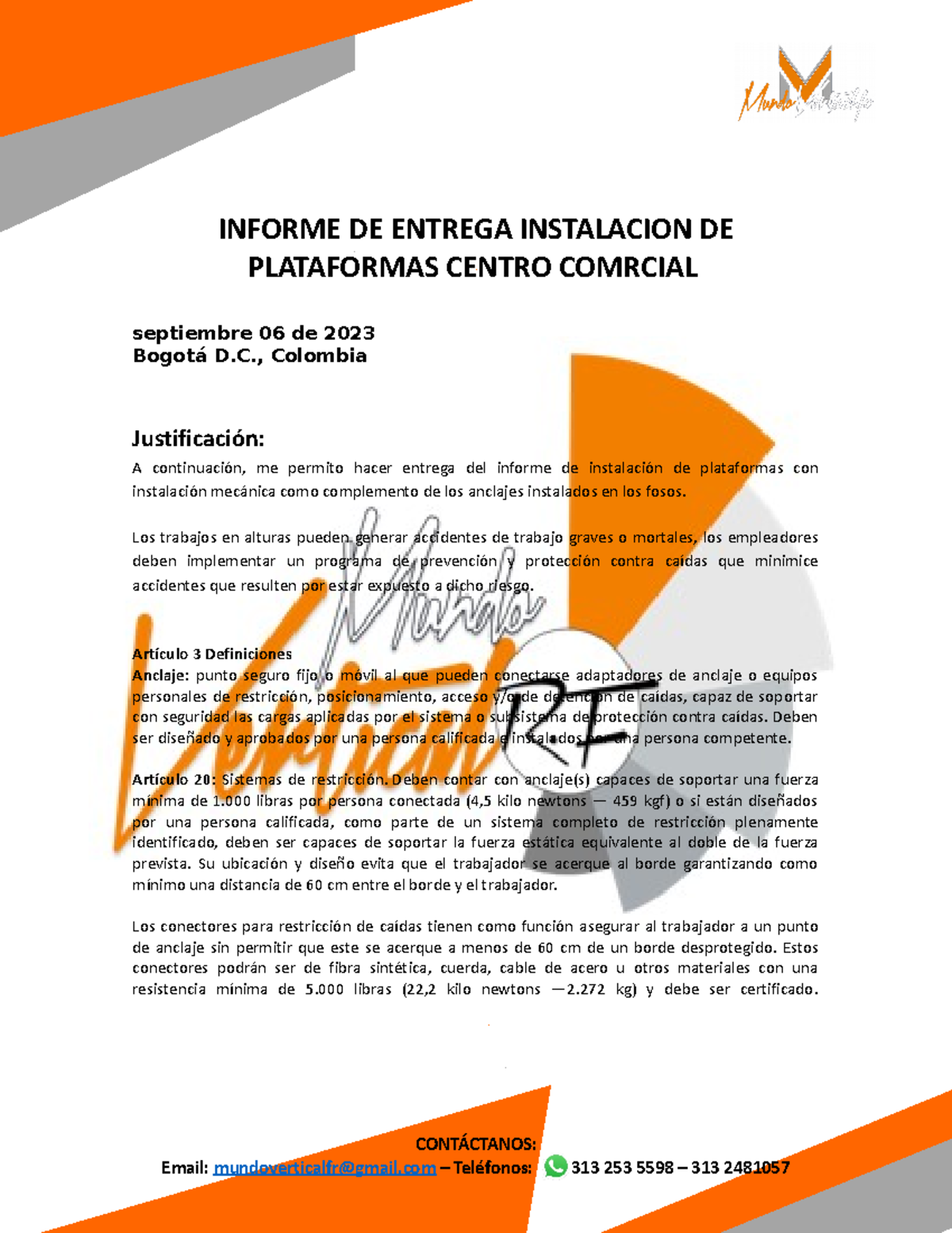 Informe Entrega Plataformas - INFORME DE ENTREGA INSTALACION DE ...