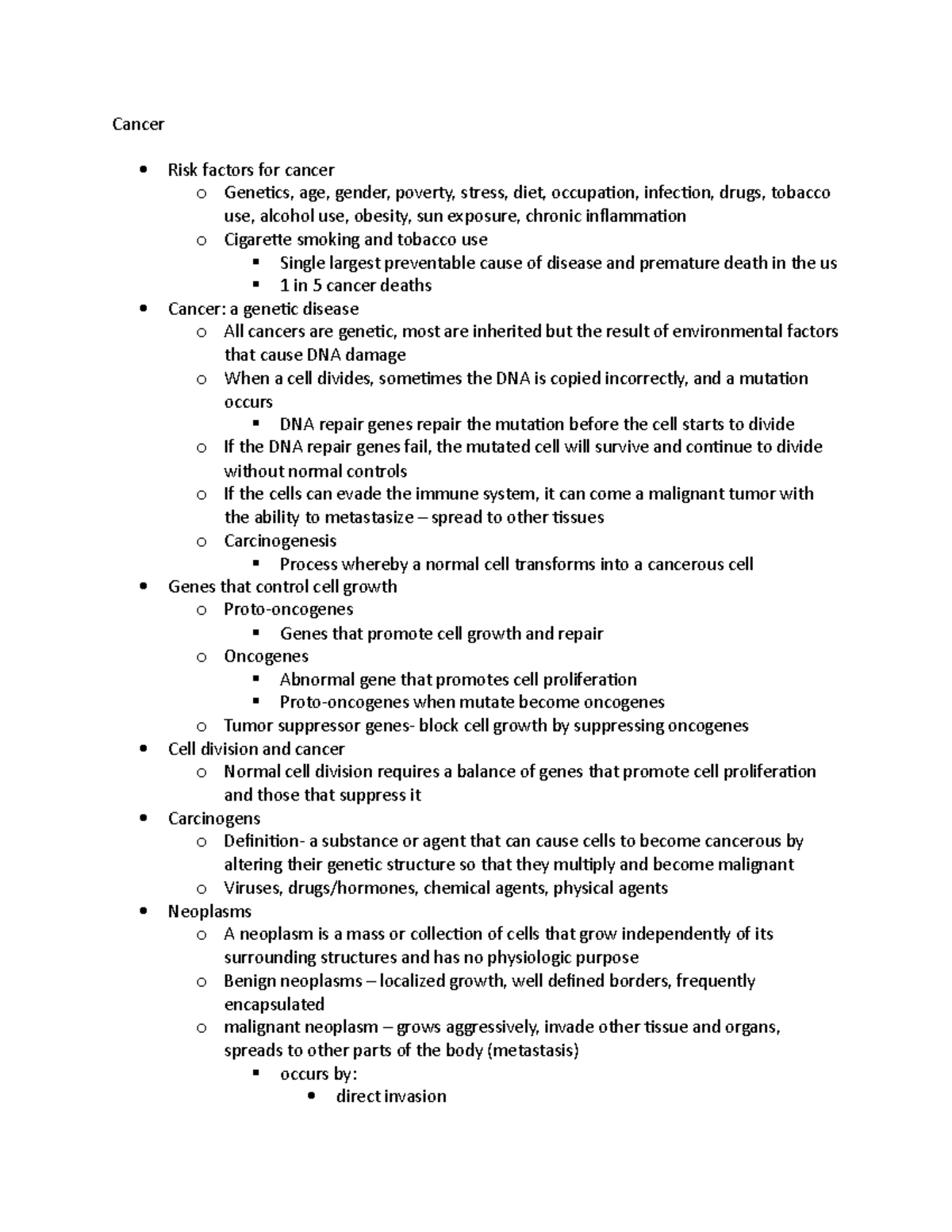 Cancer - Dr. Miller lecture notes - Cancer Risk factors for cancer o ...