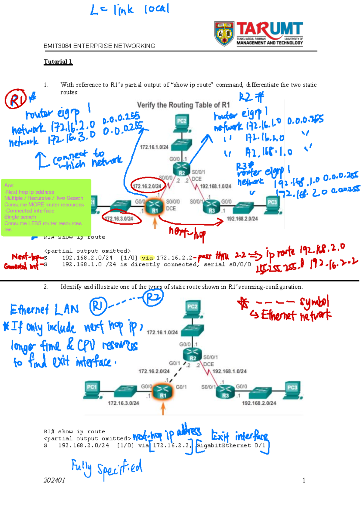 T1 IP Static Routing Troubleshoot Static and Default Routes - BMIT3084 ...
