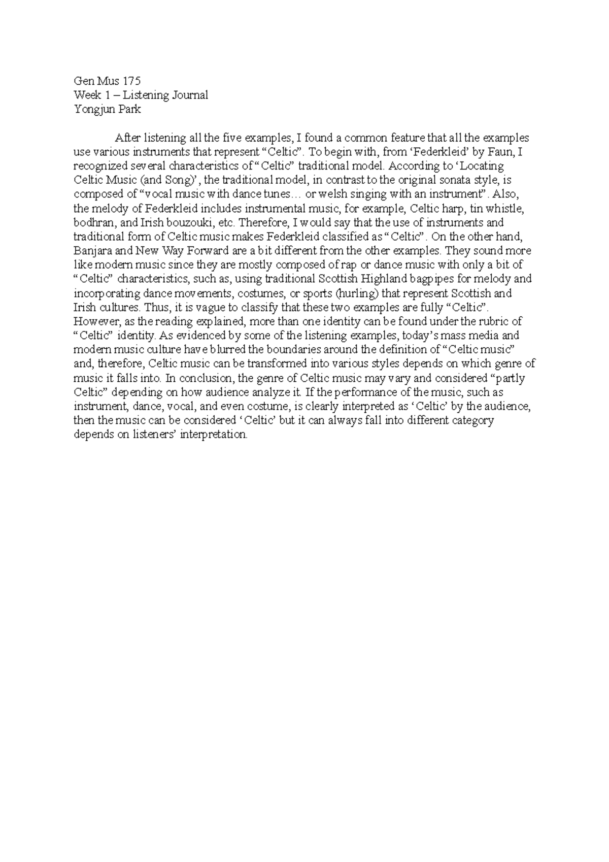 Week 1 Listening Journal - Gen Mus 175 Week 1 – Listening Journal ...
