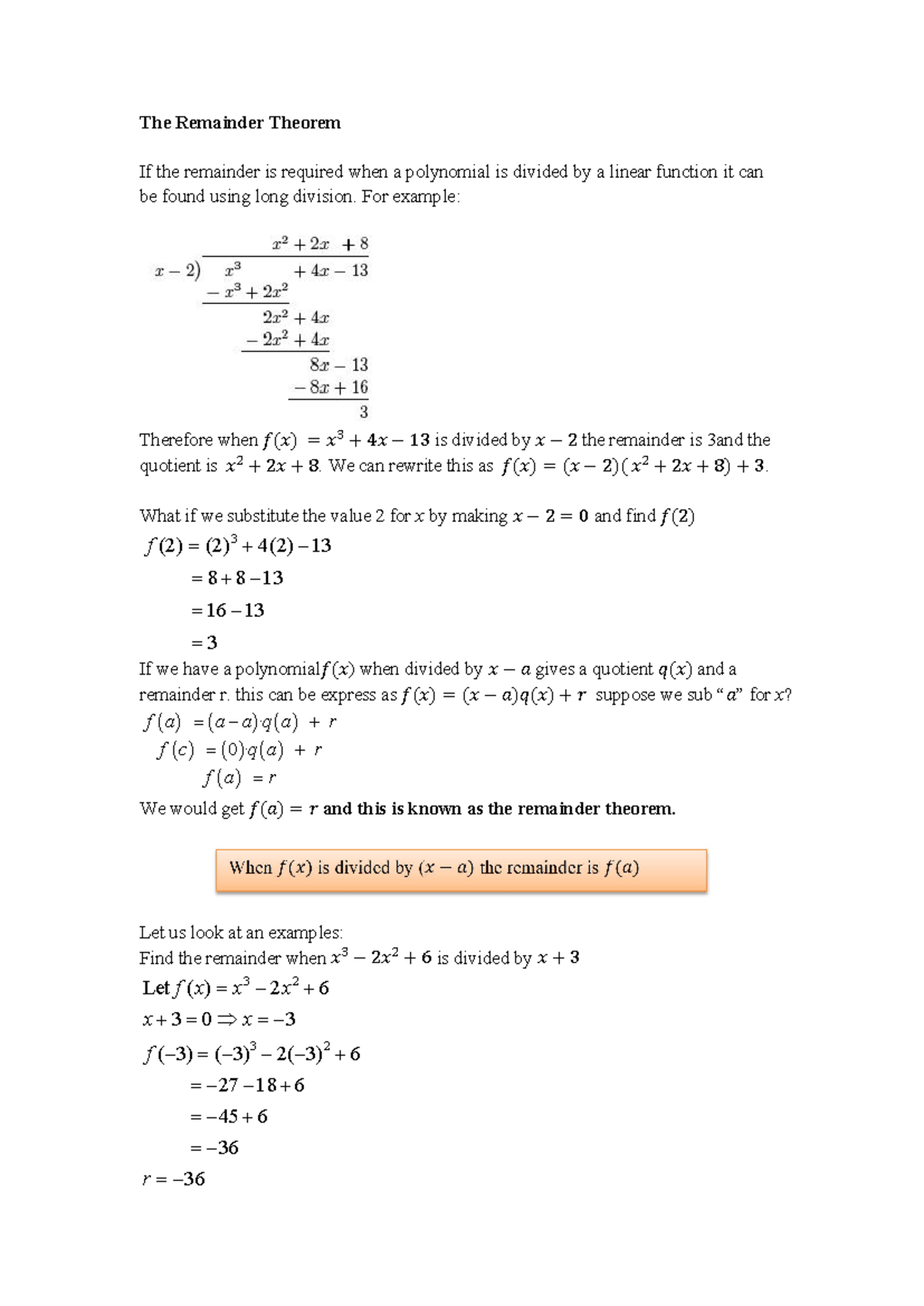 Remainder Theorem Factor Theorem and Factorizing Cubic Equations - Studocu