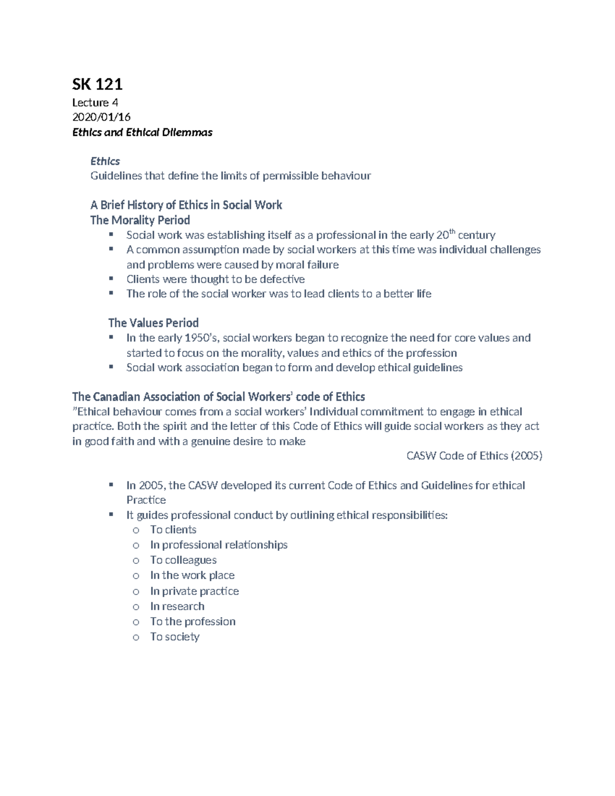 SK121 - Lecture 4 - SK 121 Lecture 4 2020/01/ Ethics and Ethical ...