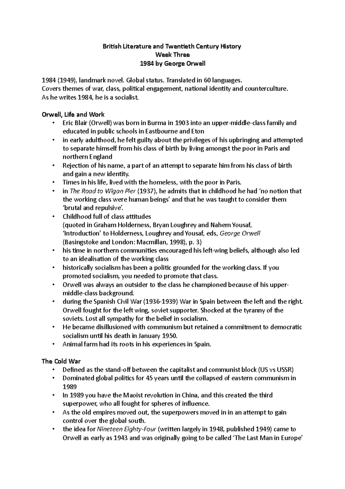 Week three notes - 1984 by George Orwell - British Literature and ...