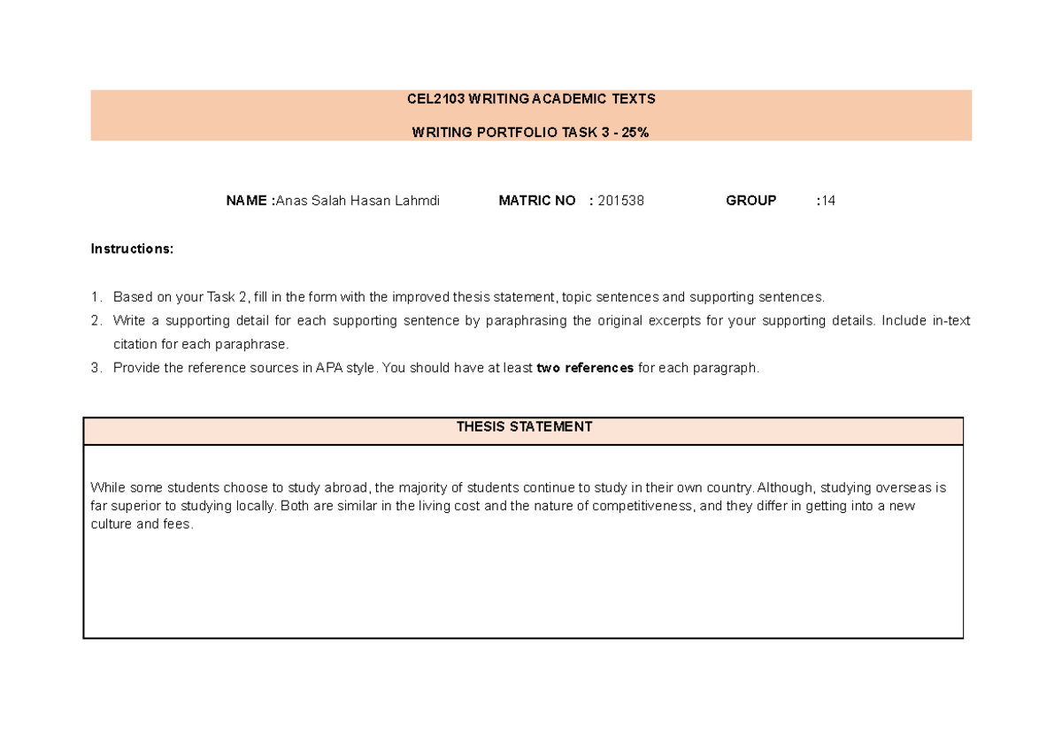 CEL2103 Writing Portfolio TASK 3 - 25% Anas Lahmdi 2015 38 - CEL2103 ...