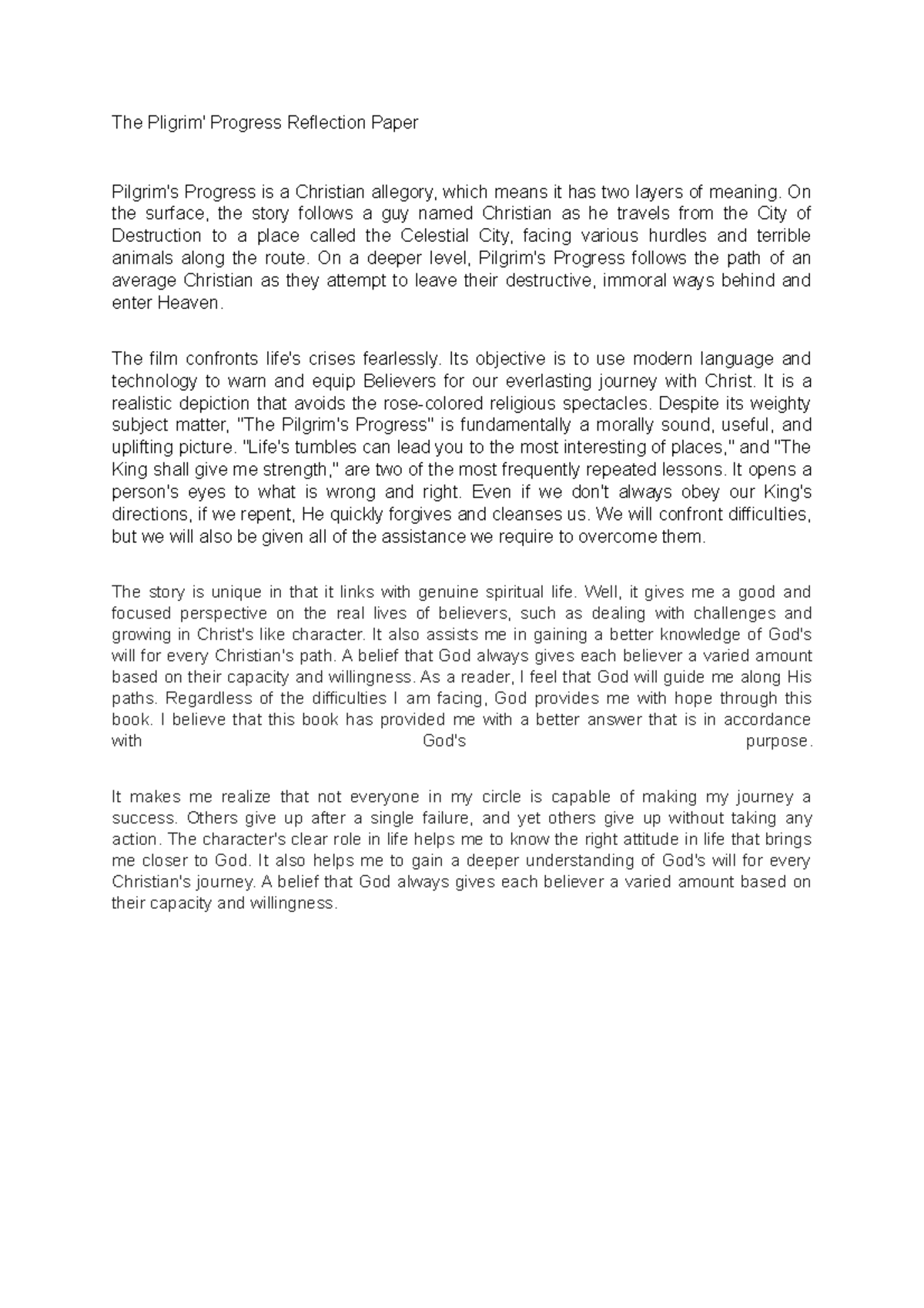 The Pligrim' Progress Reflection Paper - The Pligrim' Progress ...