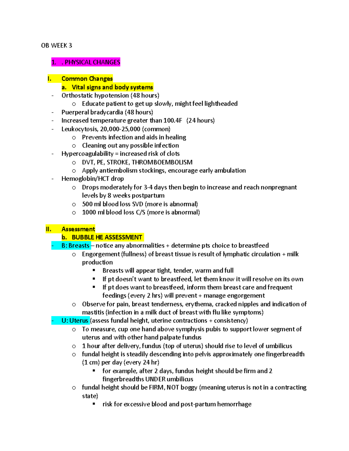 OB WEEK 3 - ob notes - OB WEEK 3 1.. PHYSICAL CHANGES I. Common Changes ...