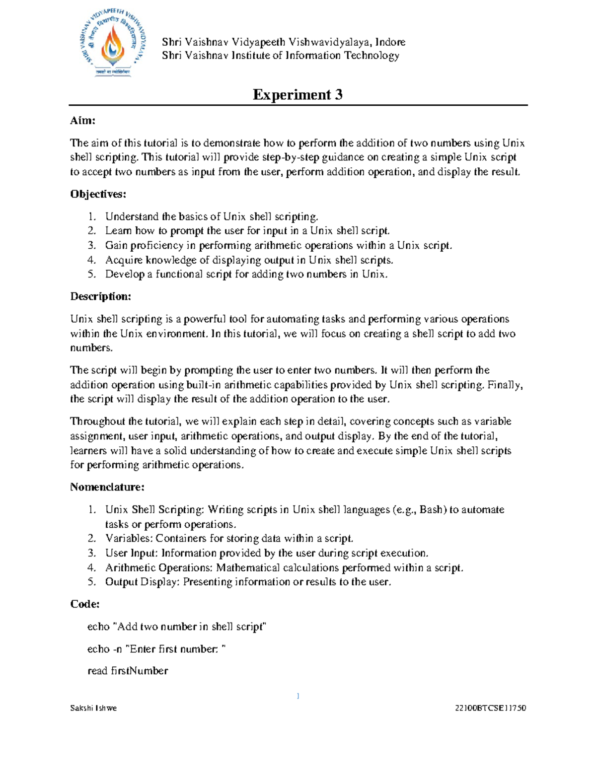 Experiment 3 - Shri Vaishnav Vidyapeeth Vishwavidyalaya, Indore Shri ...