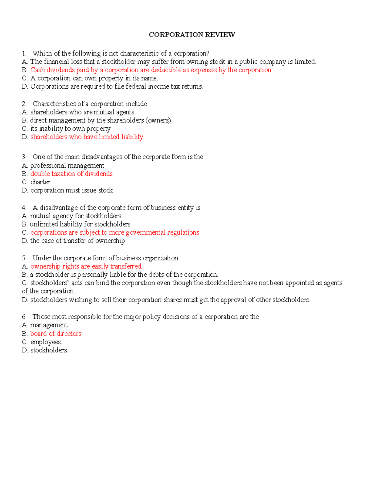 Corporation Review - CORPORATION REVIEW Which of the following is not ...