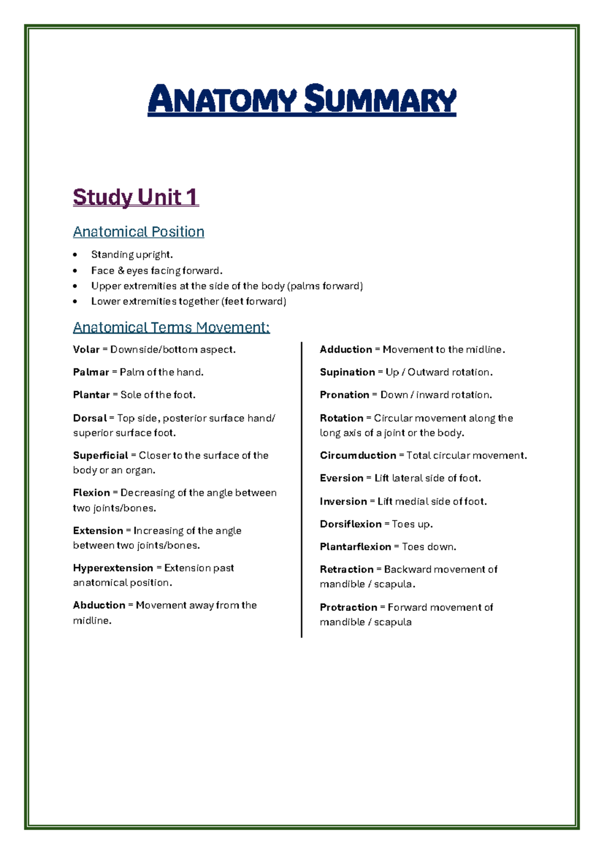 Anatomy Study Summary PDF everything except 4 - ANATOMY SUMMARY Study ...