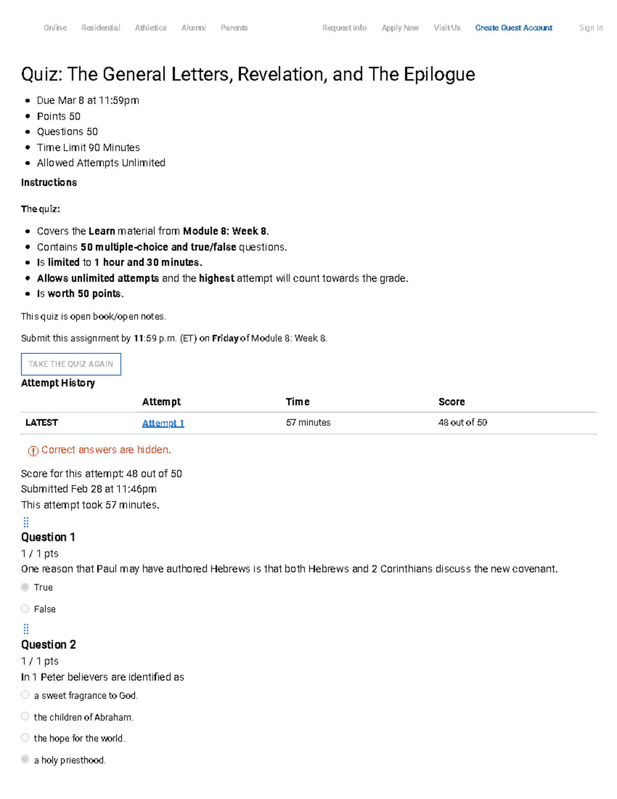 Quiz The General Letters, Revelation, and The Epilogue BIBL104 Survey ...