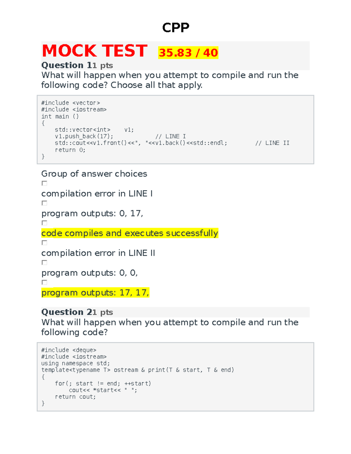 CPP Mock test and Final Test - Fundamentals of database - AMA - Studocu