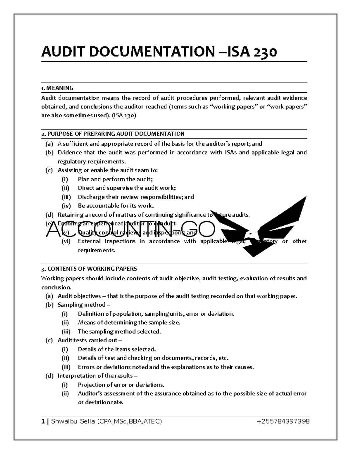 Audit Documentation - ISA 315 - AUDIT DOCUMENTATION –ISA 230 1. MEANING ...