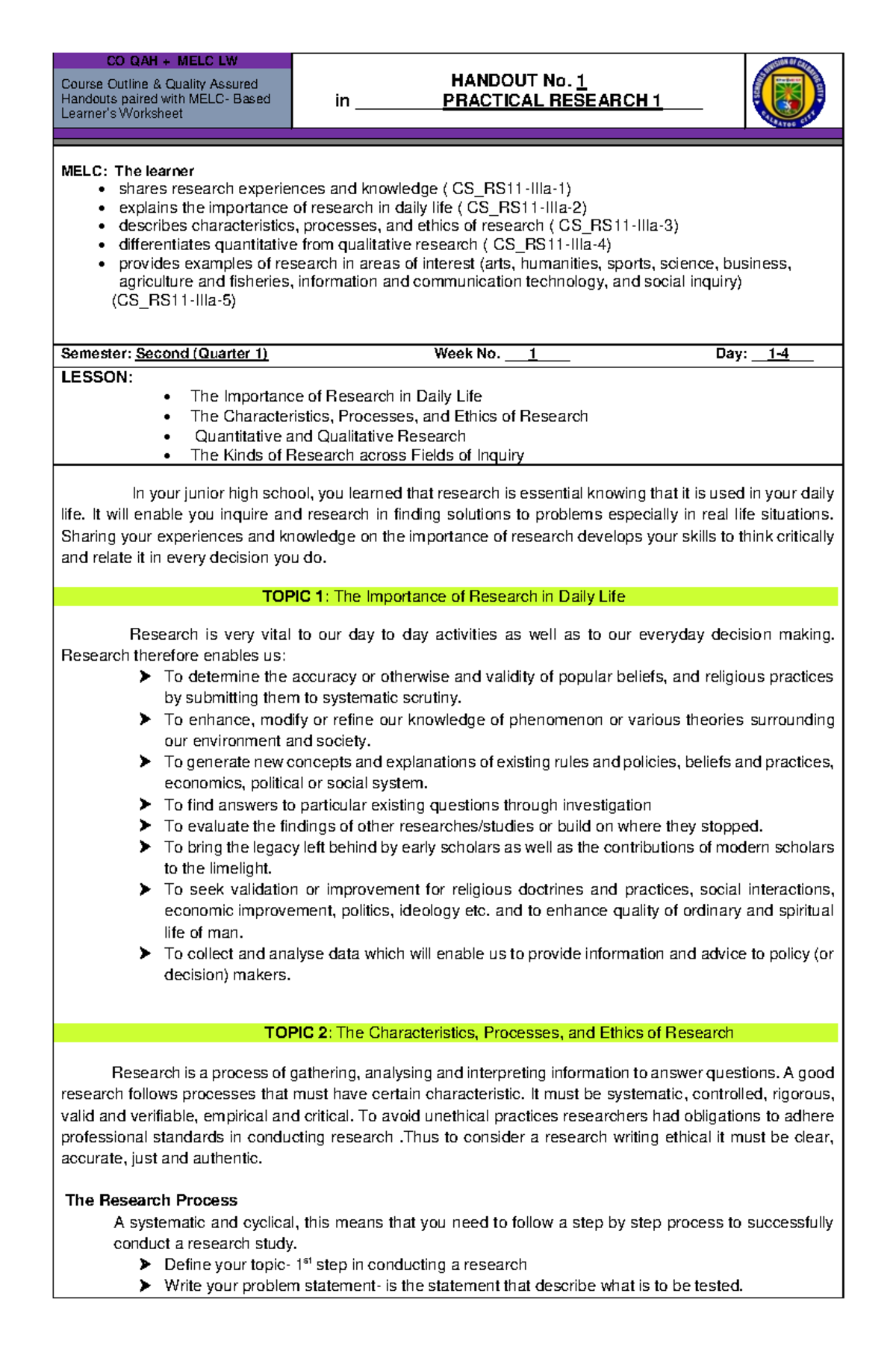 Handouts-1 - Nothing to say - CO QAH + MELC LW HANDOUT No. 1 in ...
