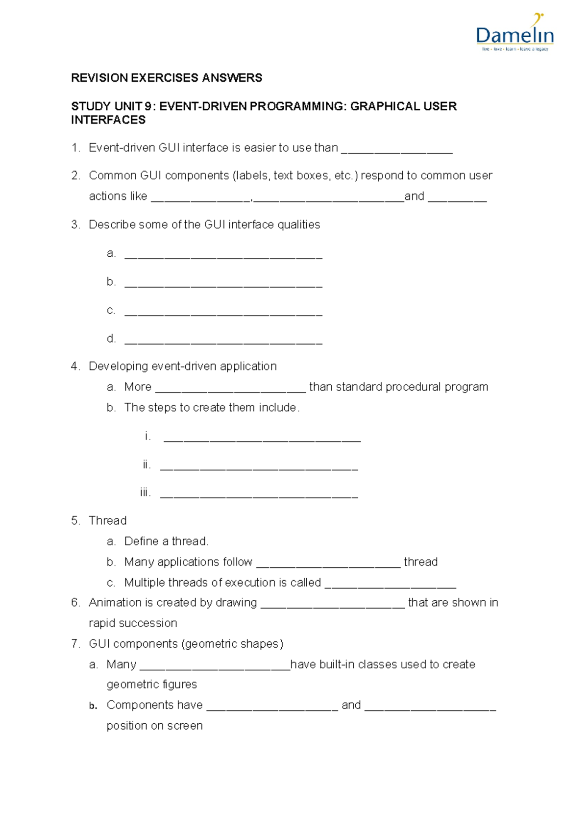 Revision Exercise Study Unit 9 Event- Driven Programming Graphical USER ...