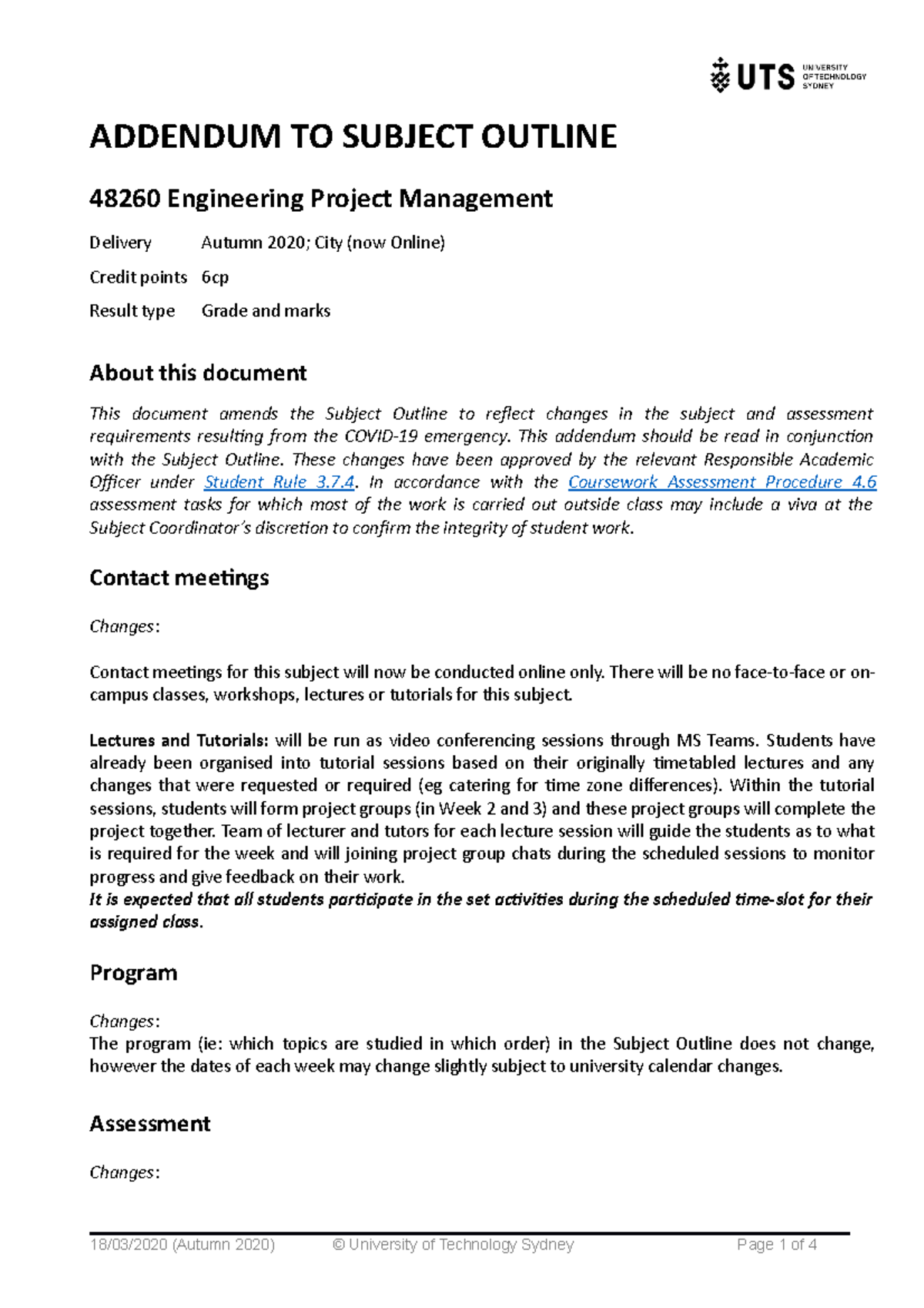 48260 Subject Outline Addendum V1.1 AUT 2020 - ADDENDUM TO SUBJECT ...