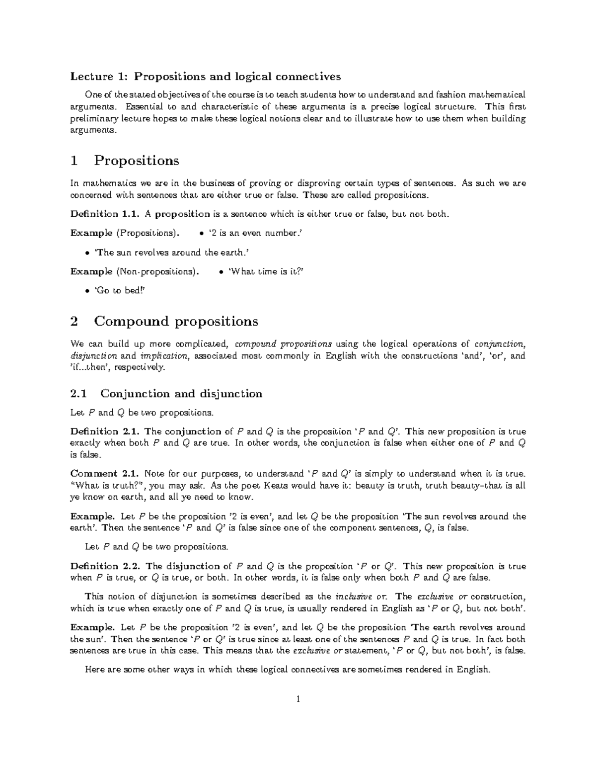 Propositions and Logical Connectives - Lecture 1: Propositions and ...