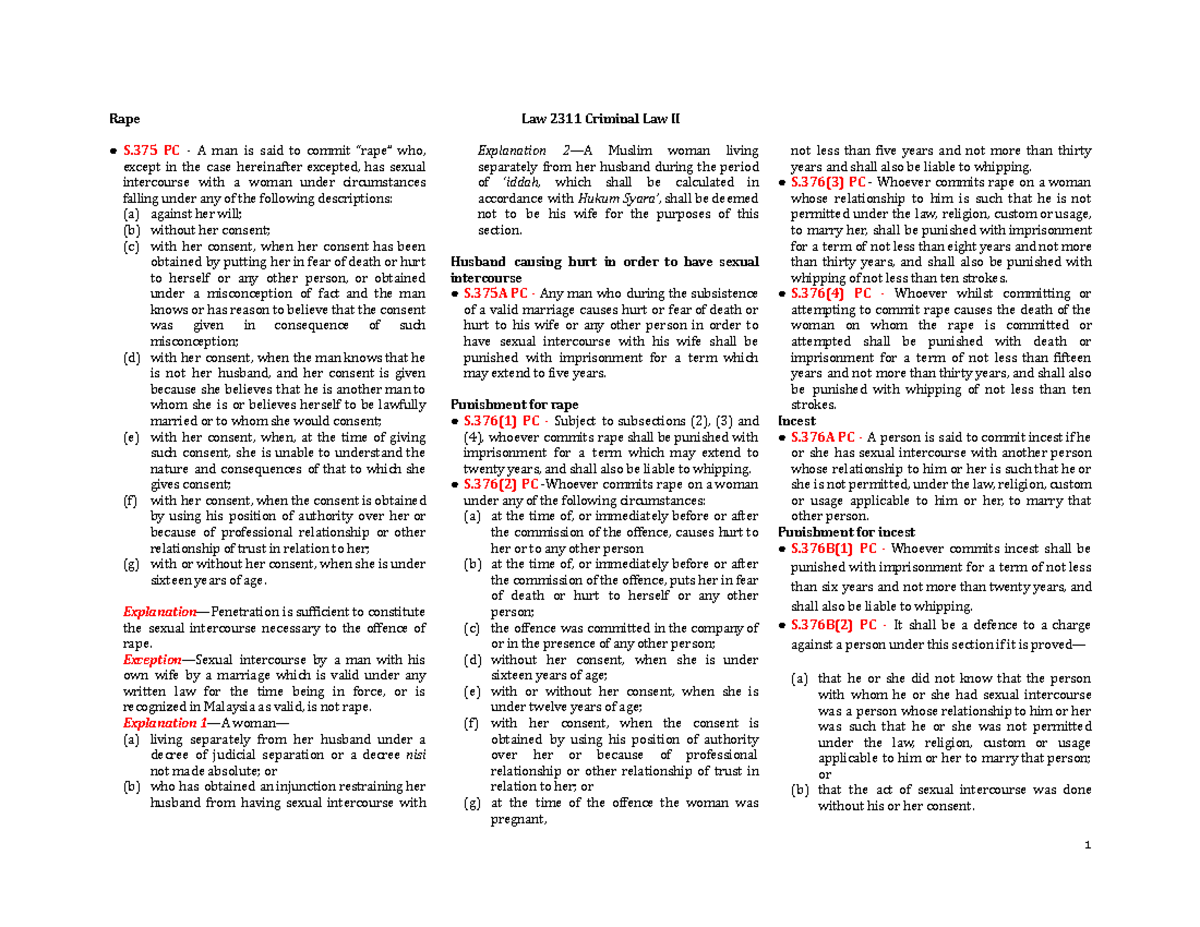 Rape - notes on the offence of rape - Rape Law 2311 Criminal Law II S ...