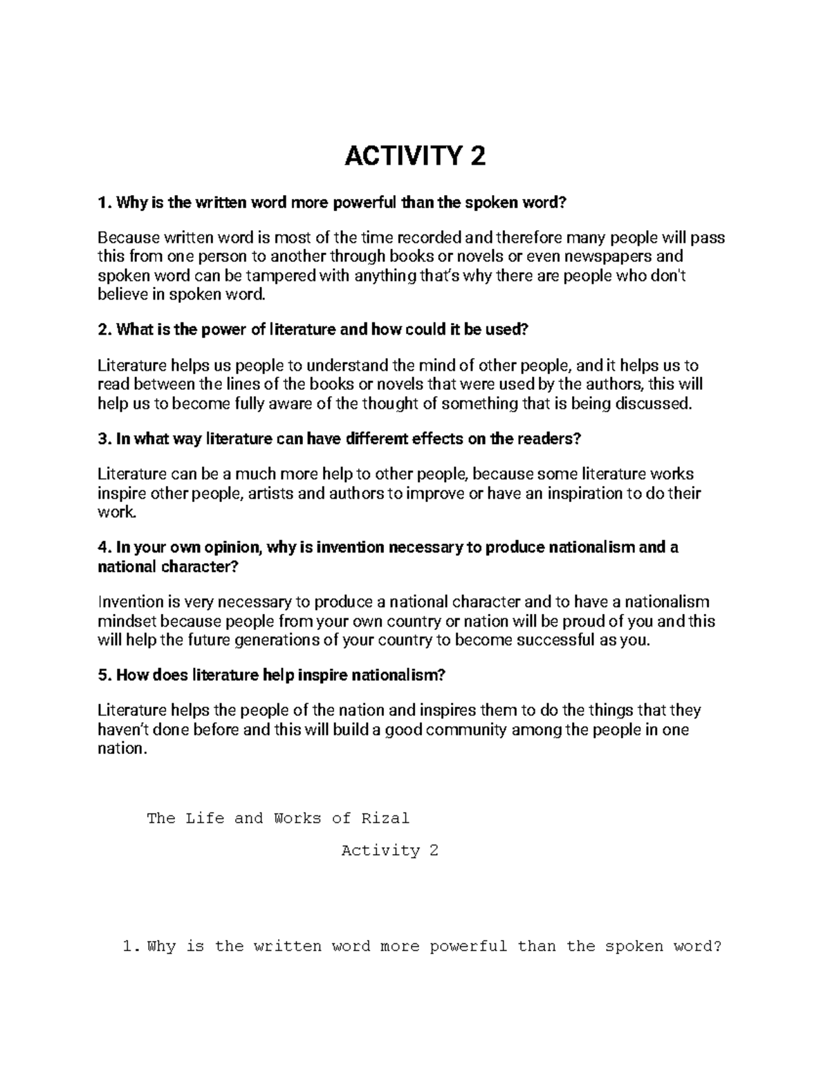 MP-2 - BTVTED Lecture 2 LWOR11 - ACTIVITY 2 Why is the written word ...