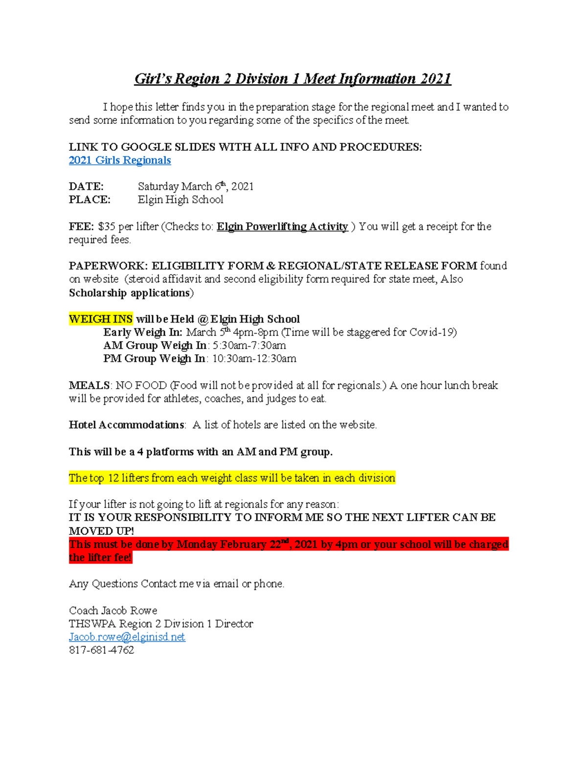 2021 Thswpa Girls Regionals Letter 2 - Girl’s Region 2 Division 1 Meet ...