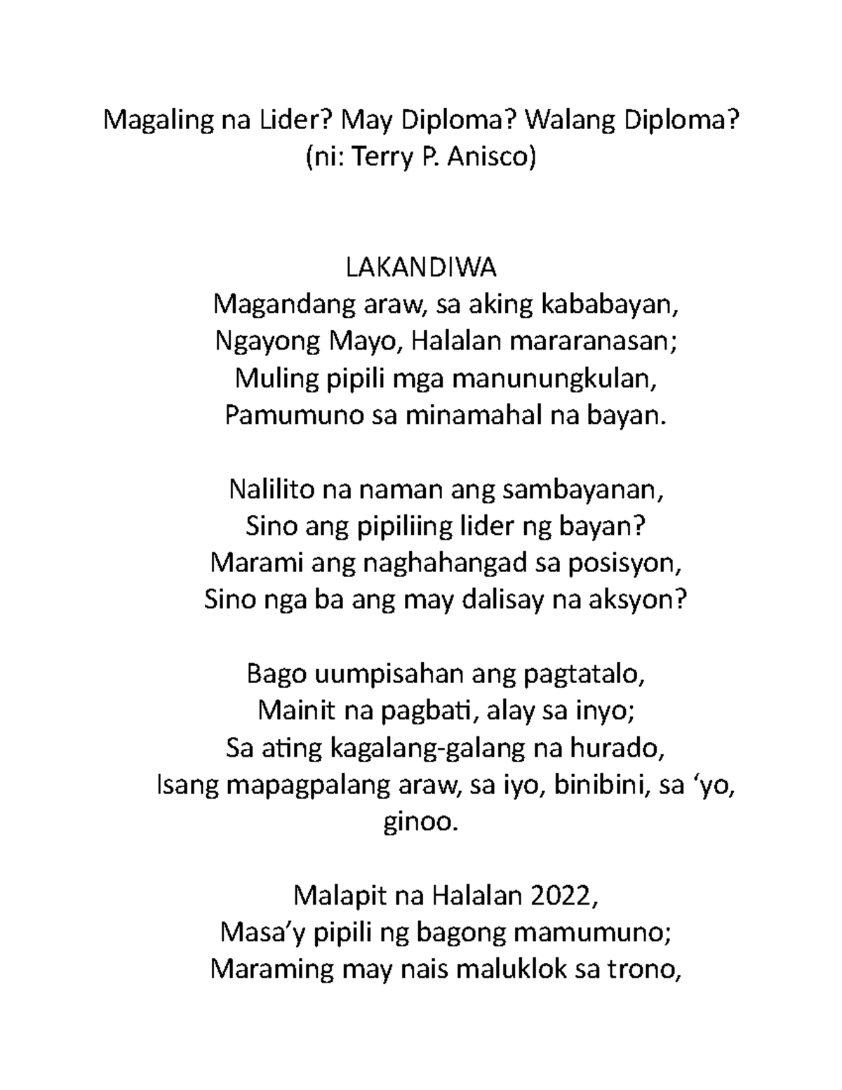 Balagtasan Script, Efemhs, Pugaan, Iligan City - Magaling na Lider? May ...