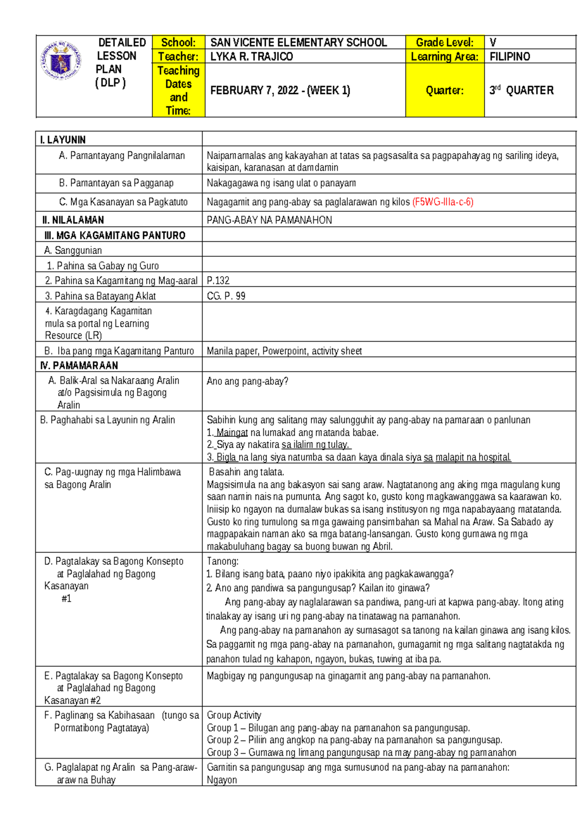 DLP Observation Grade 5-2nd - DETAILED LESSON PLAN ( DLP ) School: SAN ...