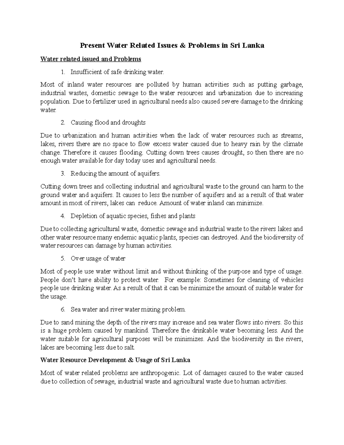 Present Water Related Issues - Insufficient of safe drinking water ...