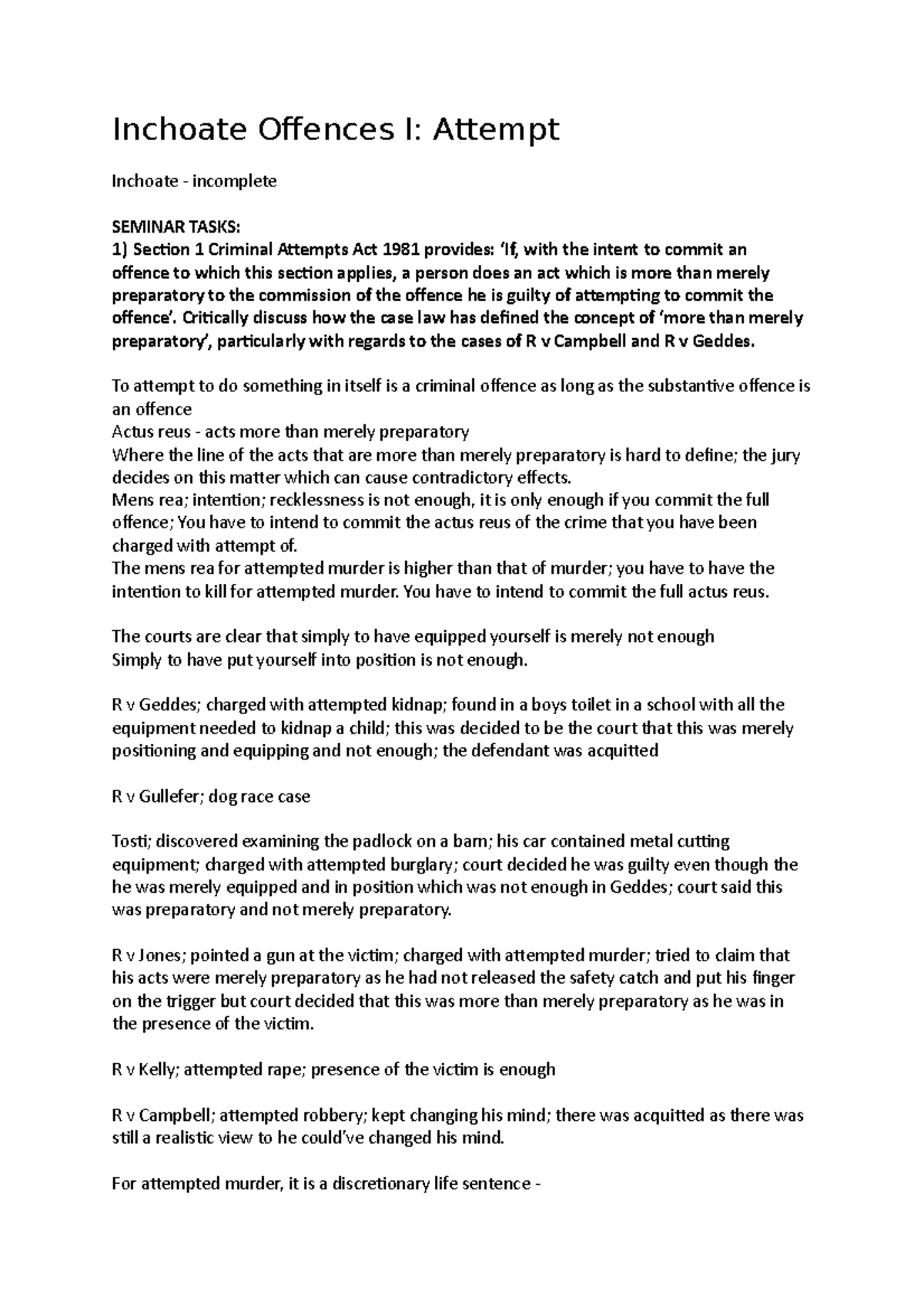 Inchoate Offences I- Attempt Seminar - Inchoate Offences I: Attempt ...