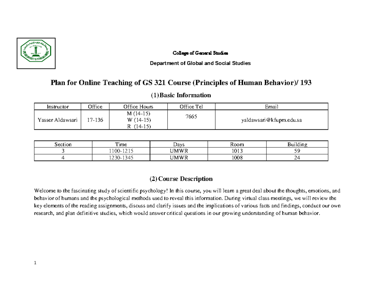 Plan for Online Teaching of GS 321 Course (Principles of Human Behavior ...