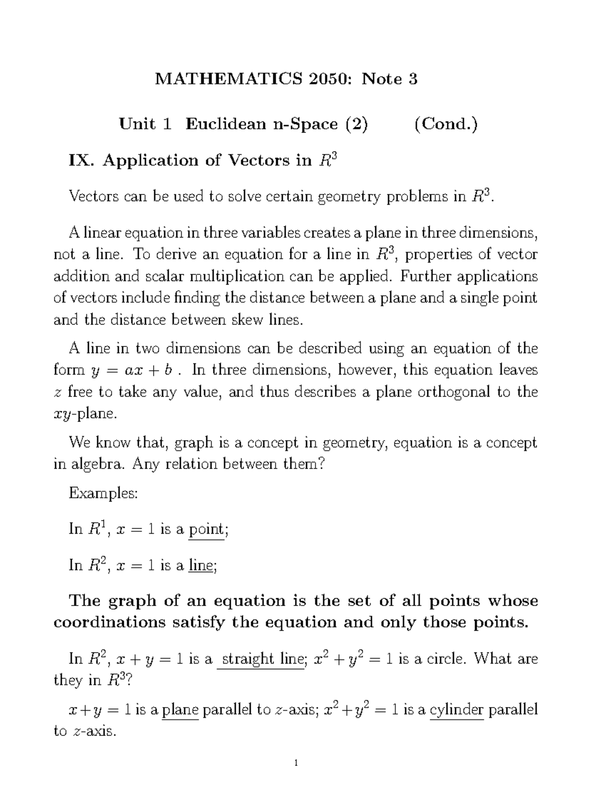 N3 - notes3 - MATHEMATICS 2050: Note 3 Unit 1 Euclidean n-Space (2 ...
