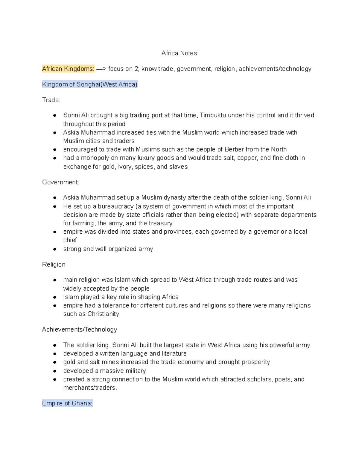 Africa Notes - Africa Notes African Kingdoms: —> focus on 2; know trade ...